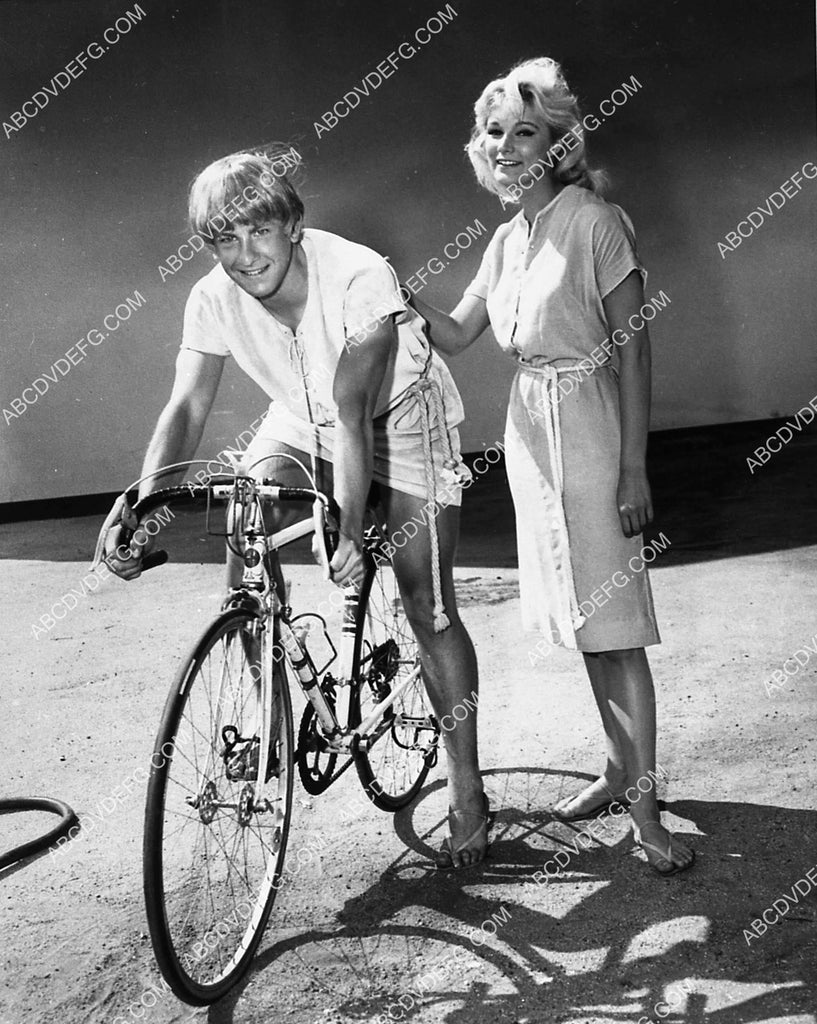 Mike Hiltner Yvette Mimieux test the bicycle on set film The Time Mach ...